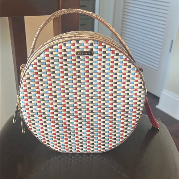 Brahmin | Bags | Brahmin Woven Round Cosmetic Case In Red Blue And ...